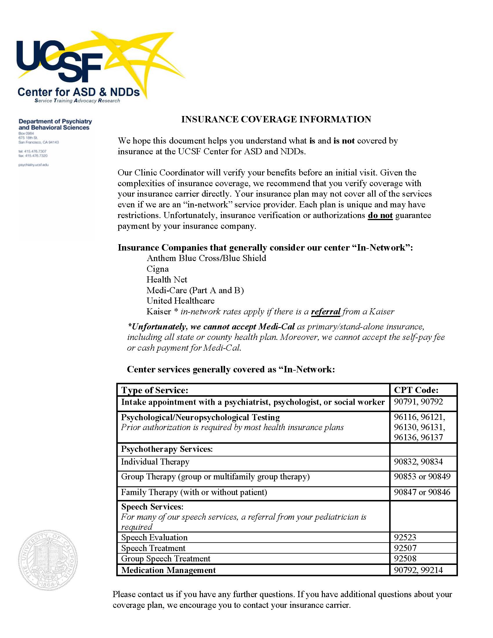 Insurance Guidelines | The UCSF Center for ASD and NDDs